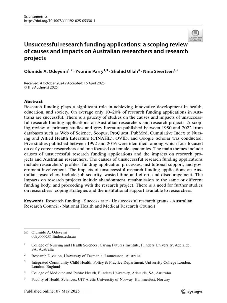 Unsuccessful Research Funding Applications: A Scoping Review of Causes ...