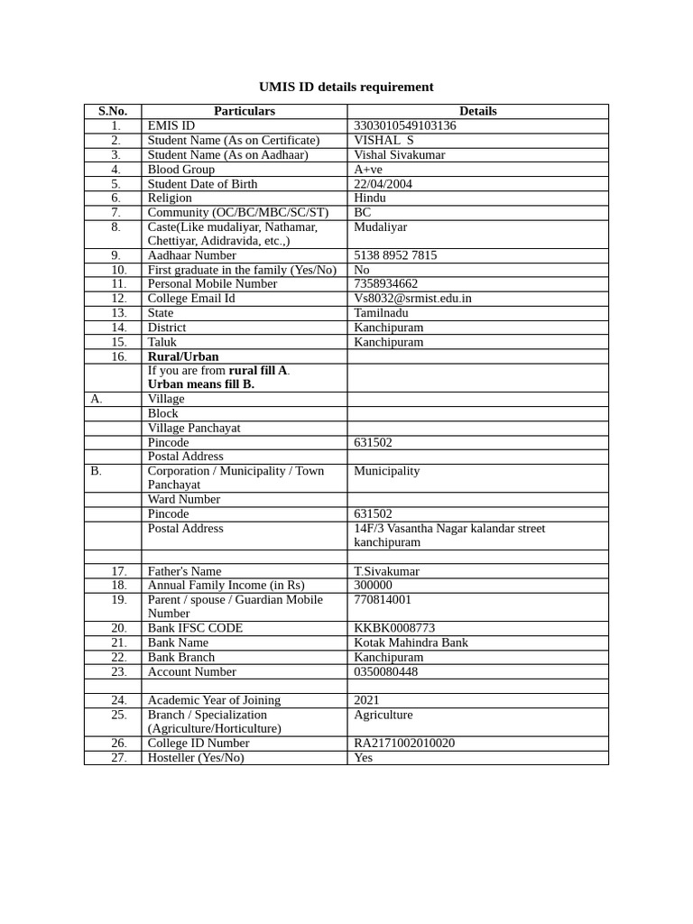 UMIS ID Details Required | PDF
