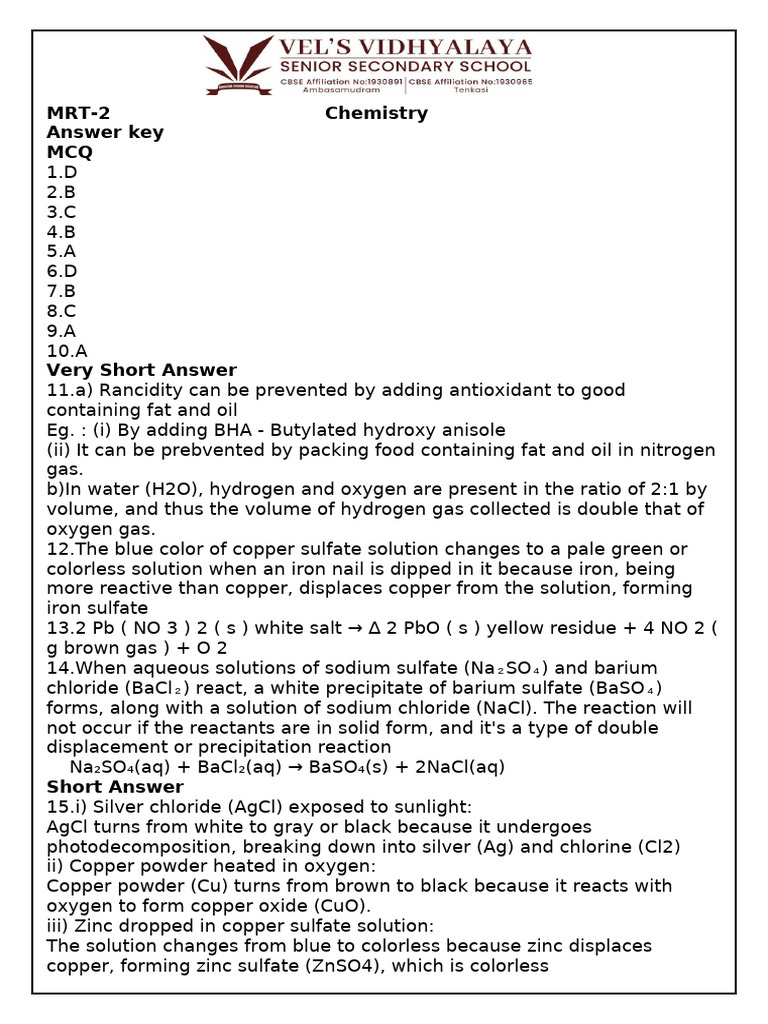 Chemistry MCQ and Answer Key Guide | PDF | Redox | Chemical Reactions