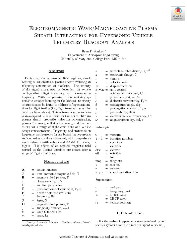Starkey 2012 Electromagnetic Wave Magnetoactive Plasma Sheath ...