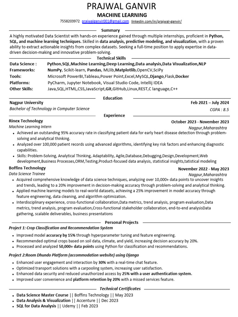 Prajwal Ganvir Machine Learning | PDF | Data Science | Machine Learning