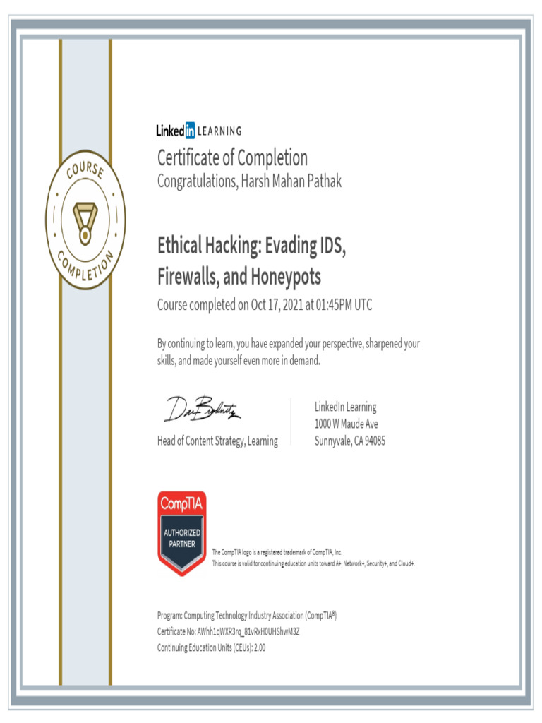CertificateOfCompletion - Ethical Hacking Evading IDS Firewalls and Honeypots | PDF