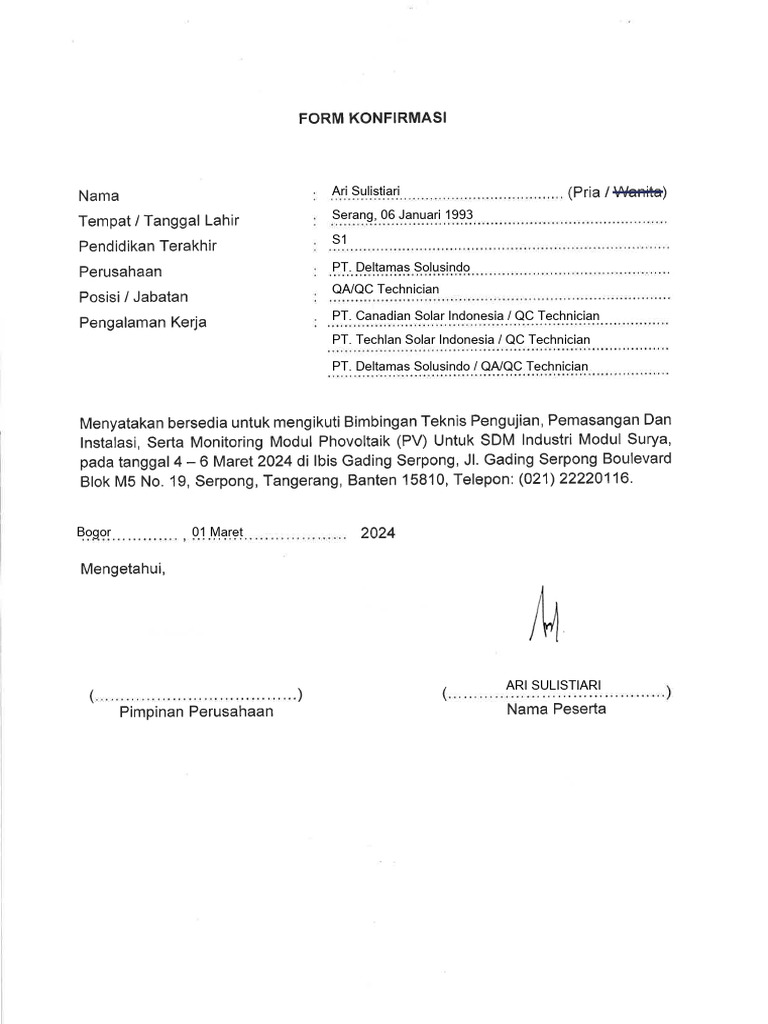 Form Konfirmasi Kepesertaan Bimtek | PDF