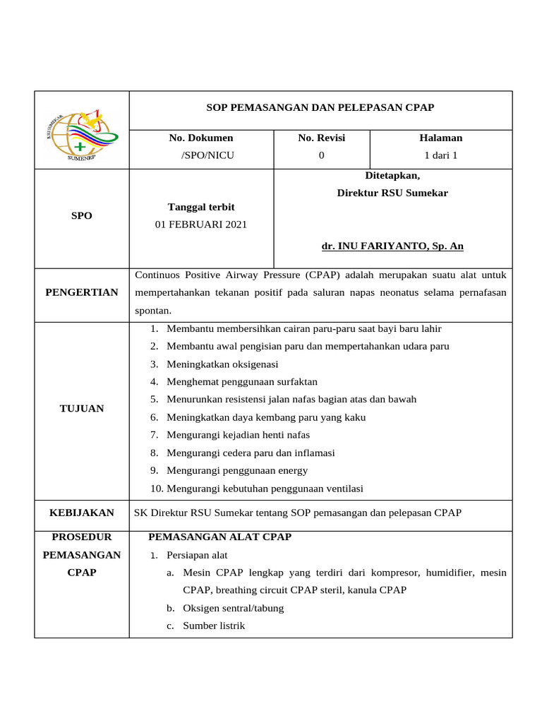 SOP Pemasangan dan Pelepasan CPAP | PDF