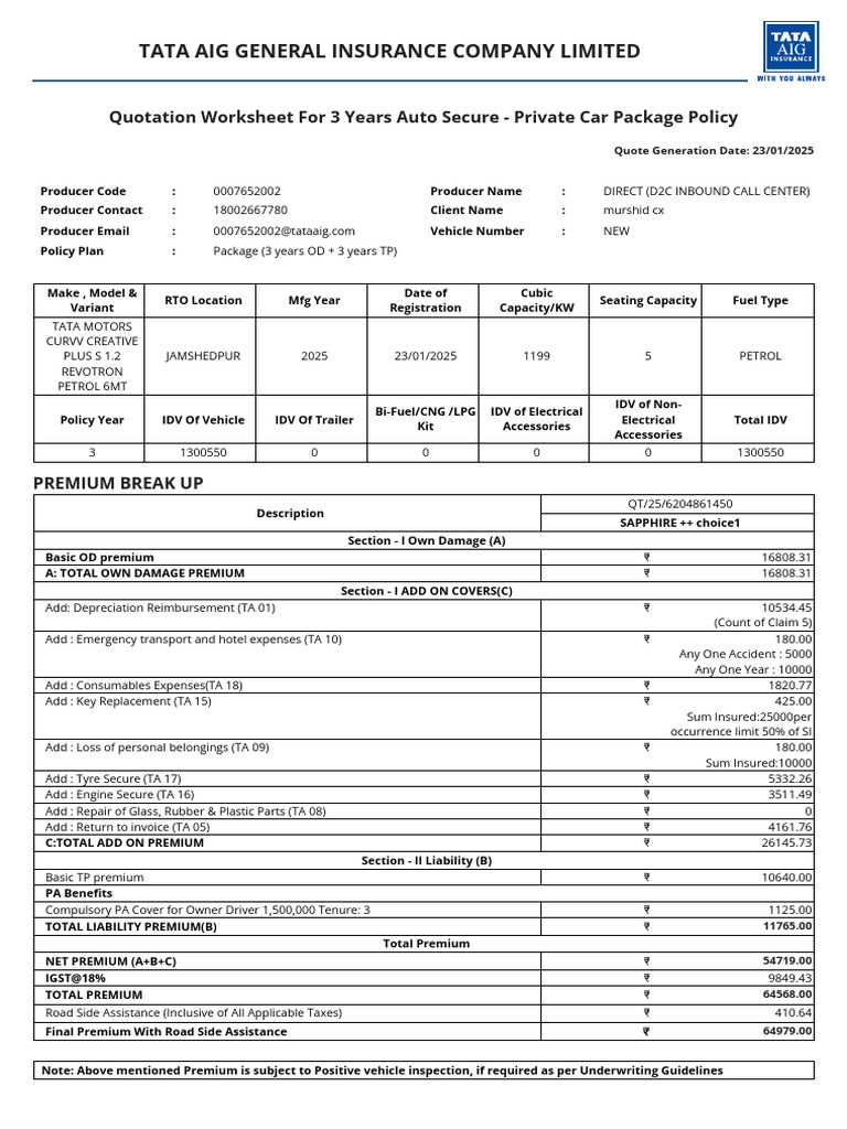 Tata AIG Motor Premium Quote_3184_QT256204861450 | PDF | Insurance | Car