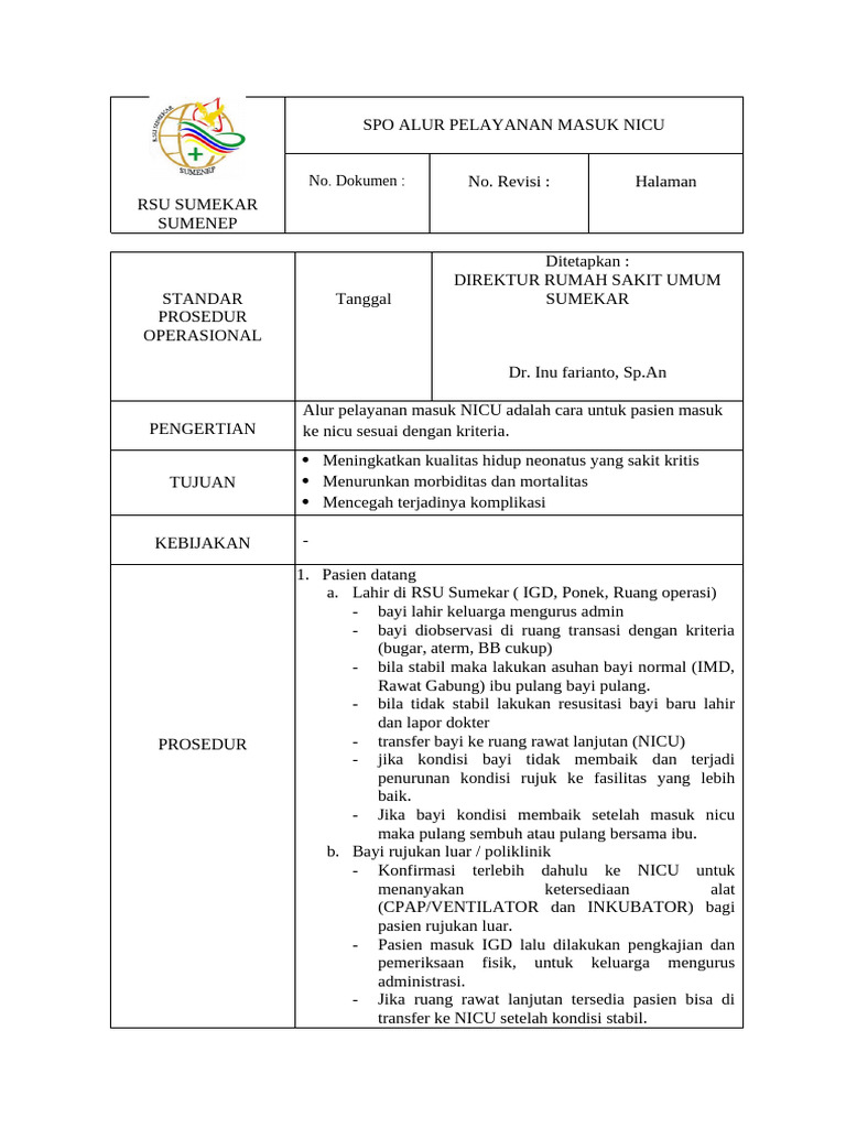 Prosedur Masuk NICU RSU Sumekar Sumenep | PDF