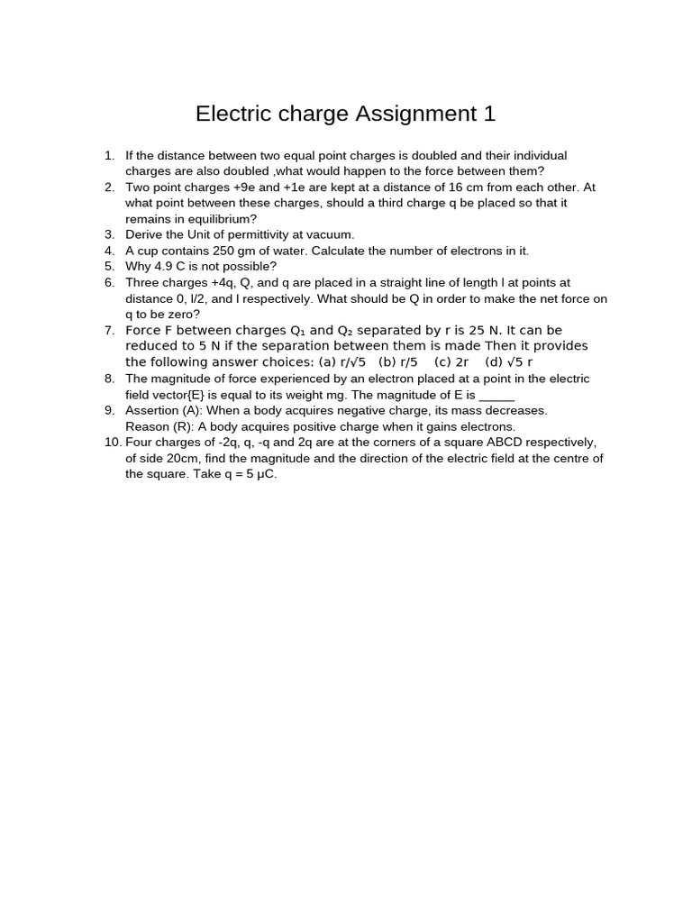 Assignment 1 Electric Charge | PDF