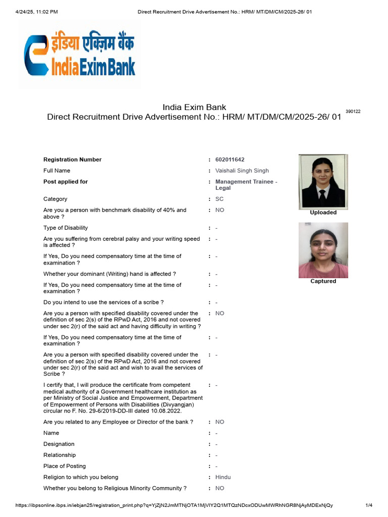 Direct Recruitment Drive Advertisement No. - HRM - MT - DM - CM - 2025-26 - 01 Exim Bank | PDF