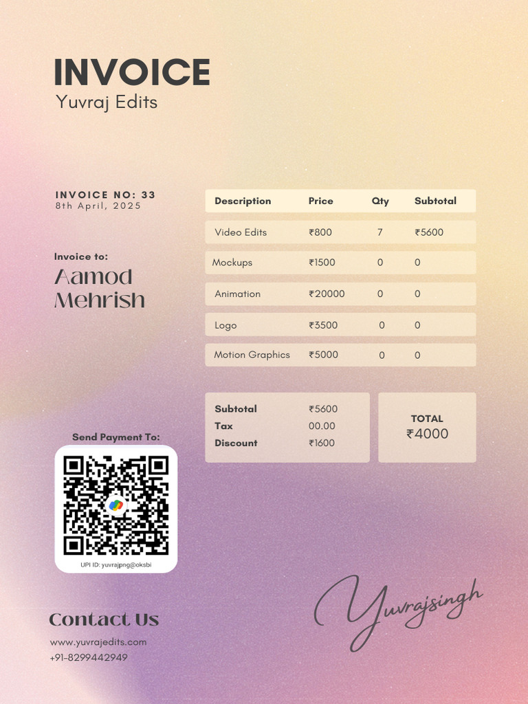 Pink Beige UI Modern Gradient Background Professional Freelance Invoice ...