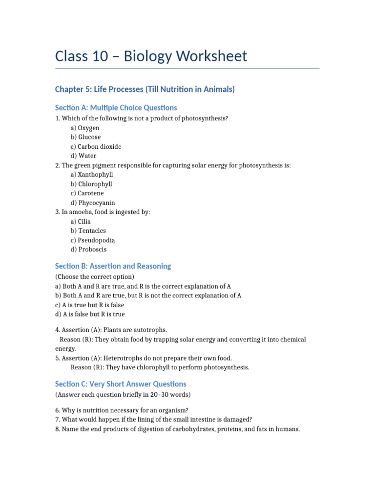 Class 10 Biology Worksheet Chapter 5 | PDF