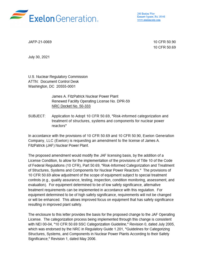 E210730t095404 - JAF Application To Adopt 10CFR50.69Exelon2021Fizpatric ...