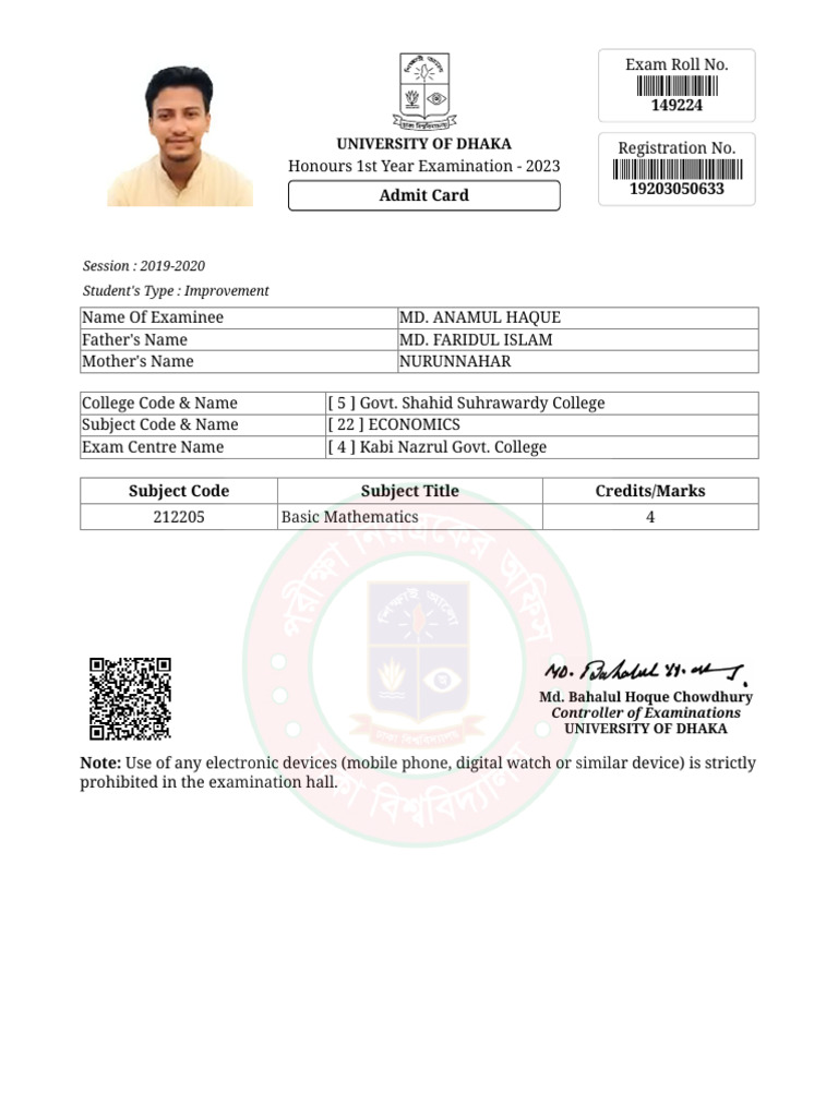 Student.7college - Du.ac - BD Students Print Admit - PHP Exam Id 62 | PDF