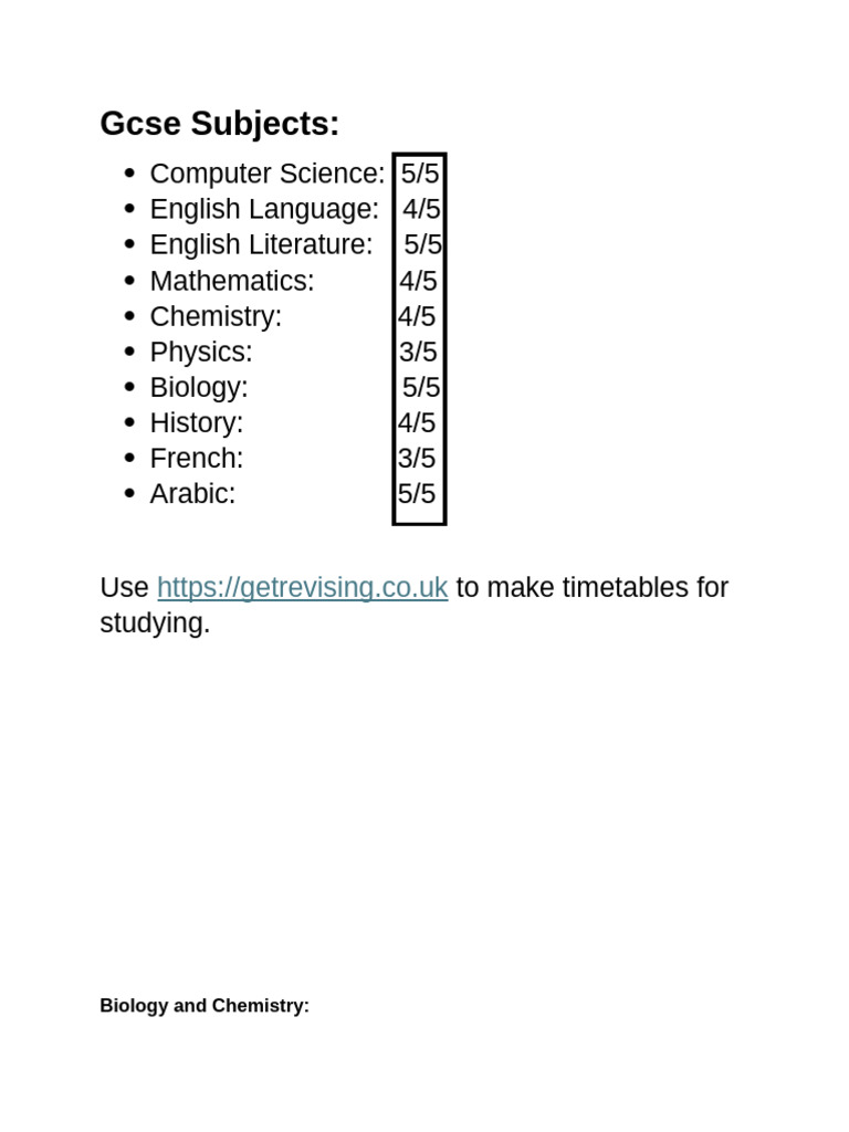 GCSE Subject Study Tips and Ratings | PDF