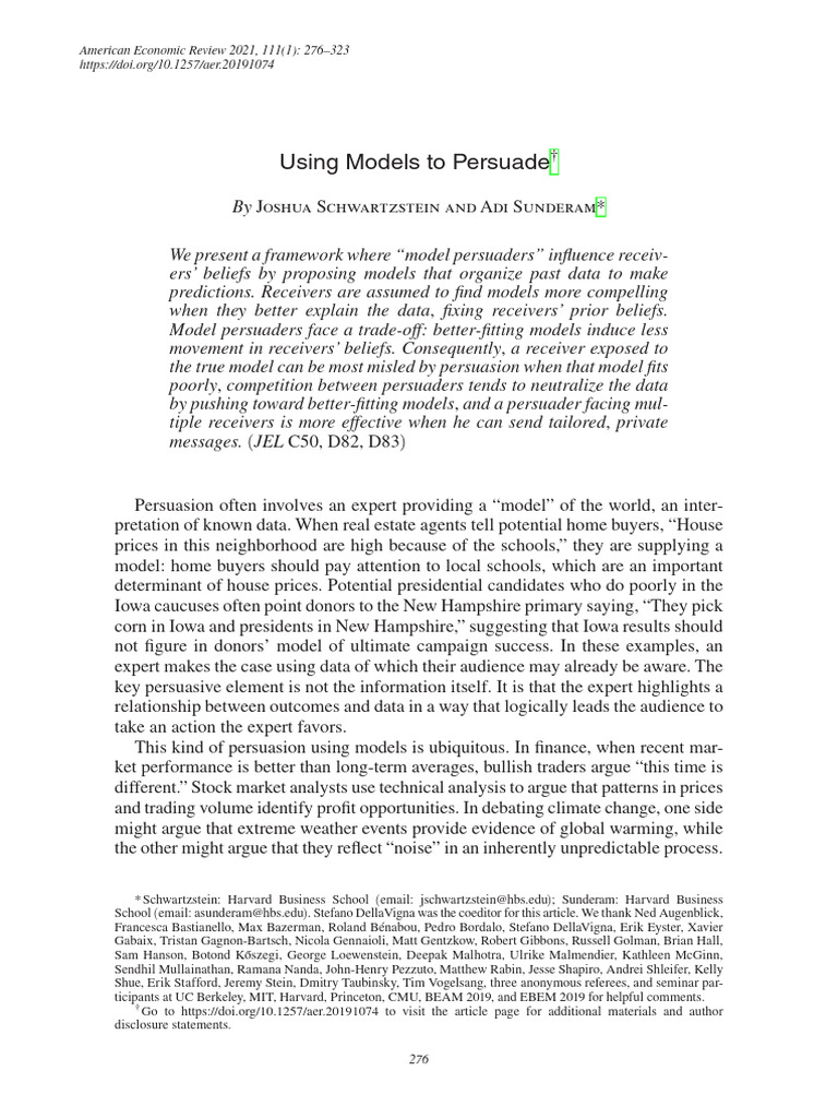 AER Schwartzstein Sunderam 2020 Using Models to Persuade | PDF | Persuasion | Knowledge