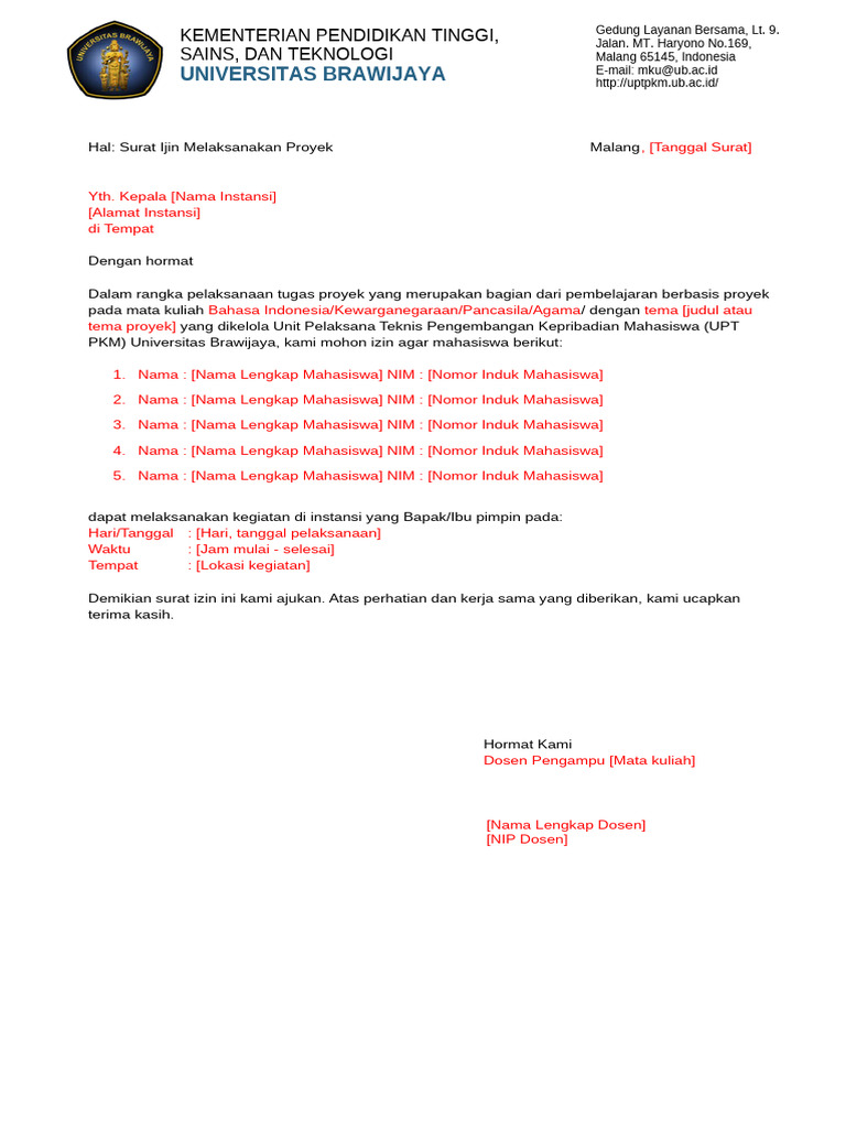 Surat Izin Proyek Mahasiswa UB | PDF