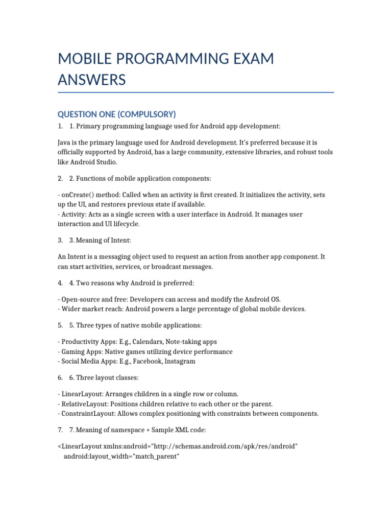 Mobile Programming Exam Answers | PDF | Mobile App | Android (Operating ...