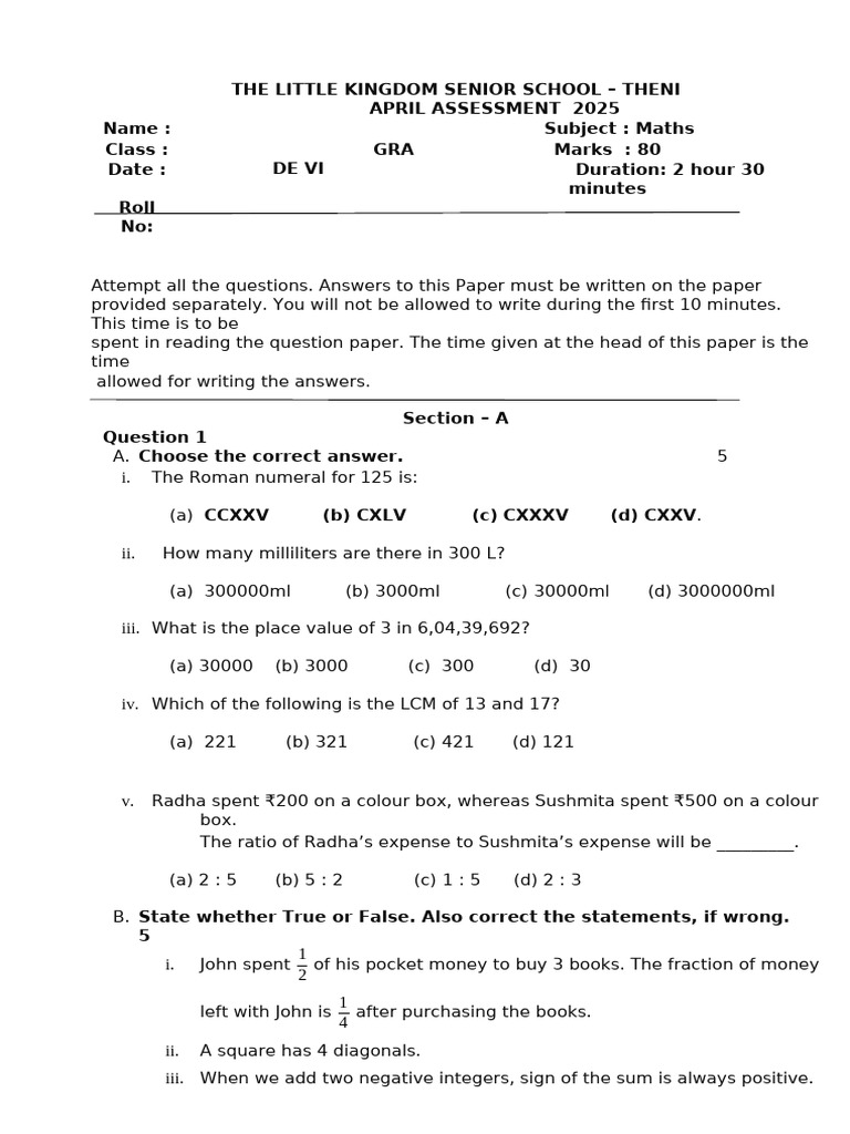 ICSE Class 6 Maths Annual Exam | PDF | Mathematics