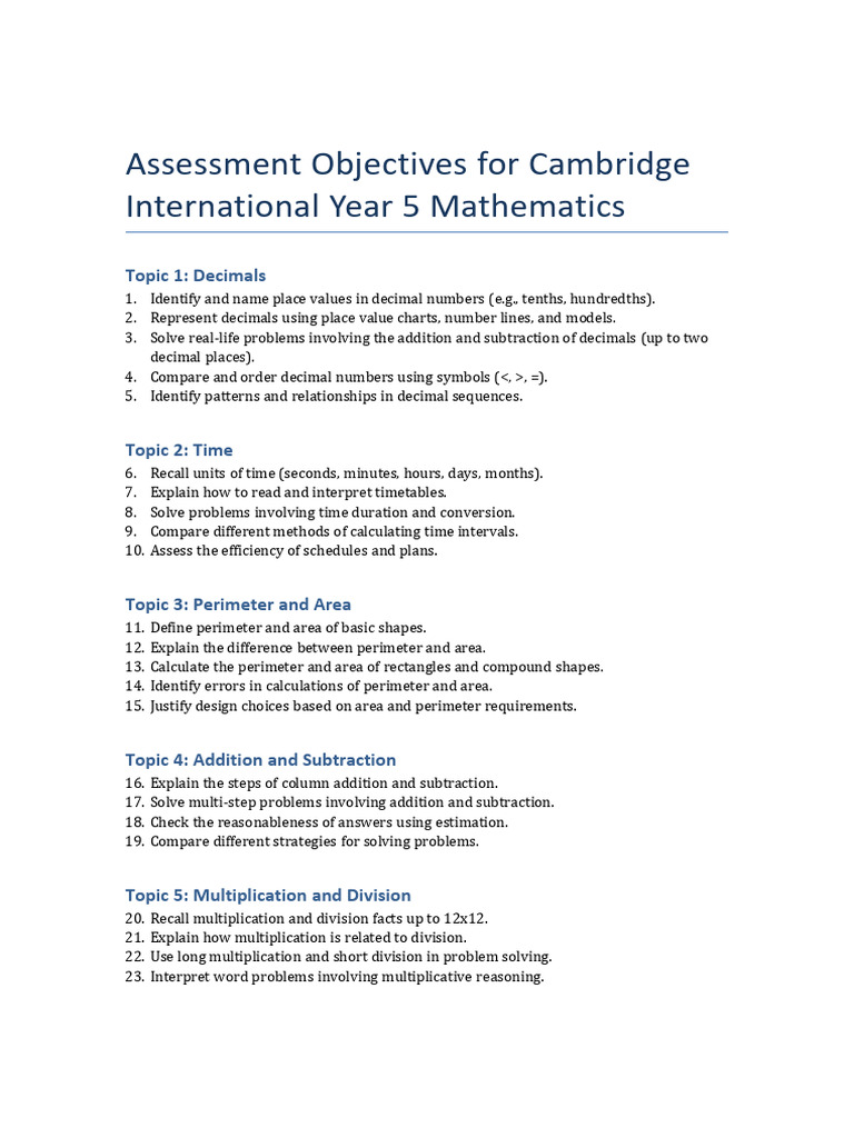 Year 5 Math Assessment Objectives | PDF | Decimal | Numbers