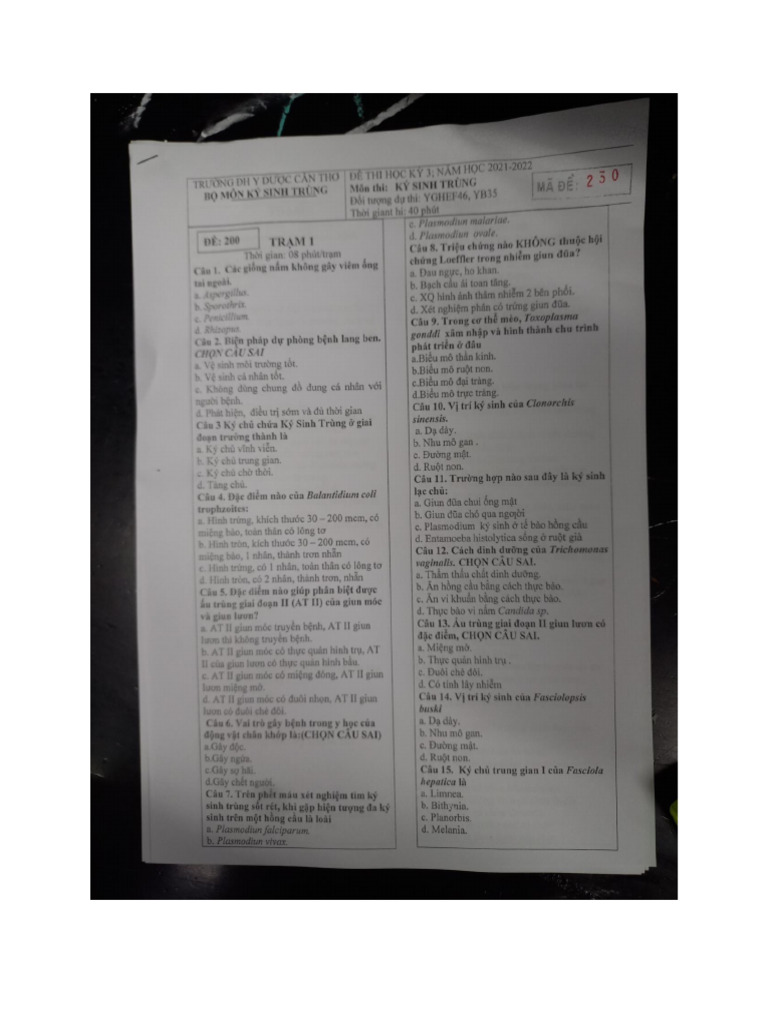 Đề Thi Ký Sinh Trùng HK3 2021-2022 - YGHEF46-YB35 - Kim Phượng | PDF