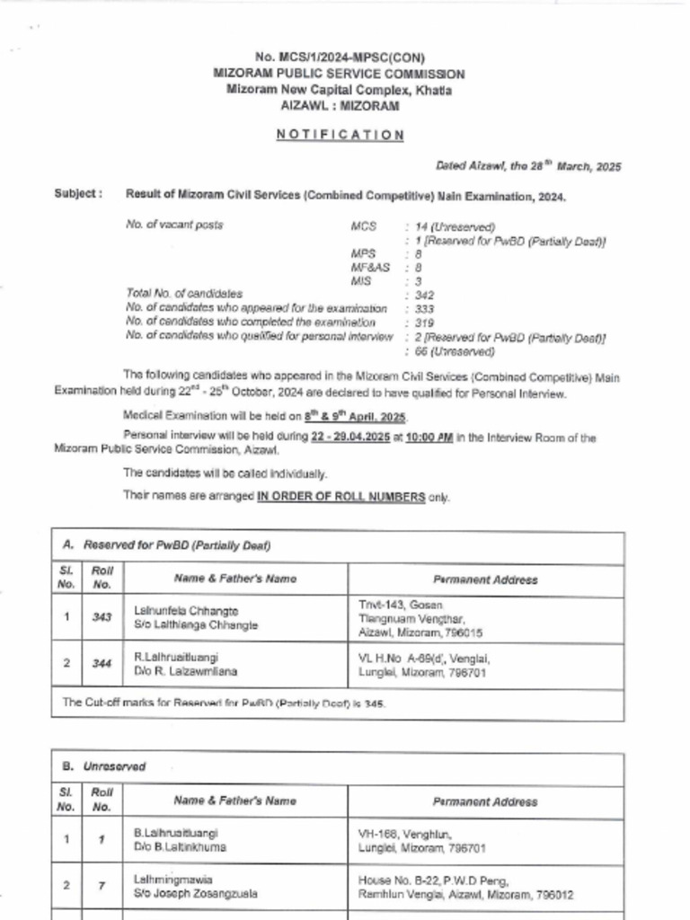 Written Result of Mcs Combined Competitive Main Examination 2024 | PDF