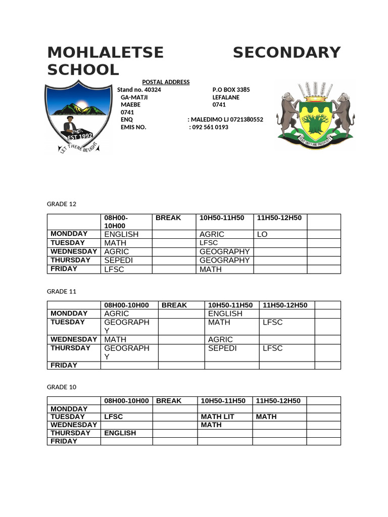 Mohlaletse Secondary School Schedule | PDF
