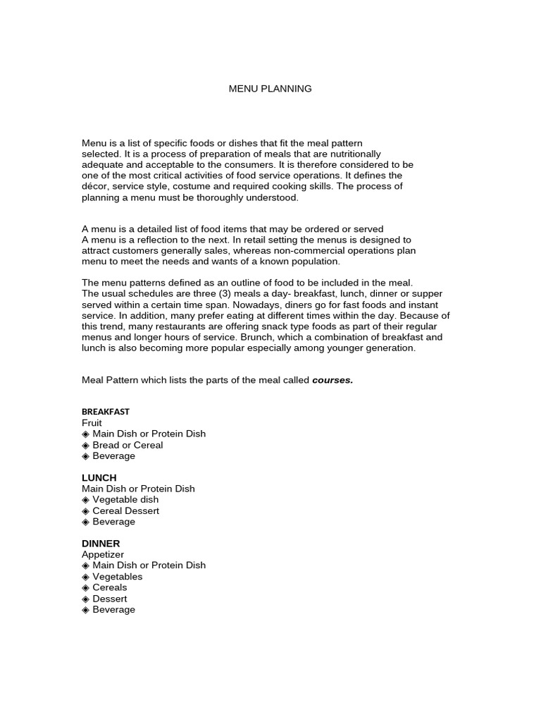Elec 1 Module 6 Menu Planning | PDF | Menu | Meal