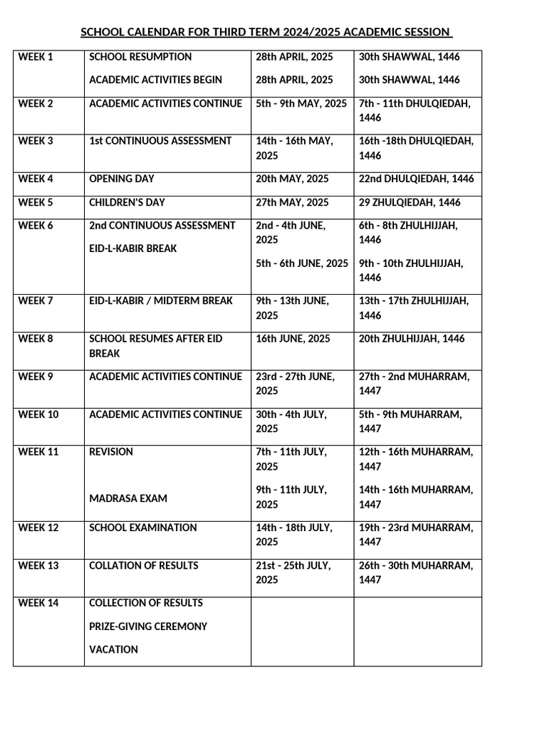 Third Term School Calendar 2024/2025 | PDF
