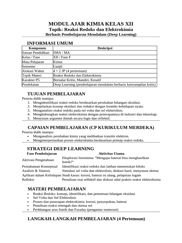 Modul Ajar Kimia Kelas Xii Redoks | PDF