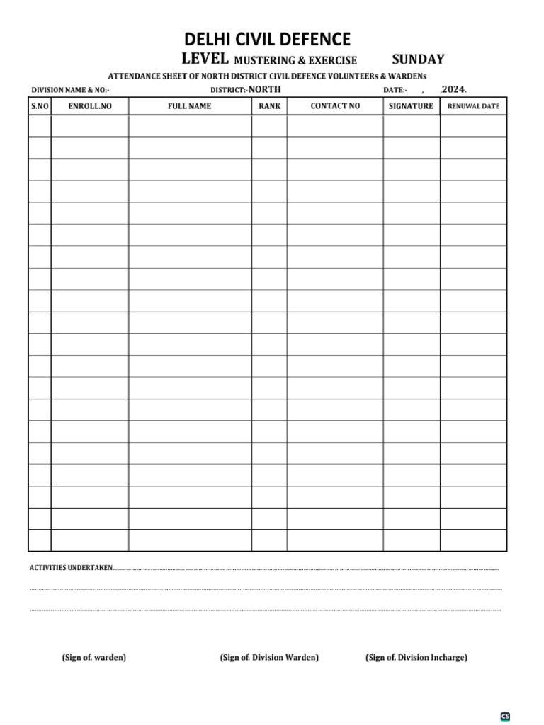 Mustering Attendance Sheet BLANK | PDF