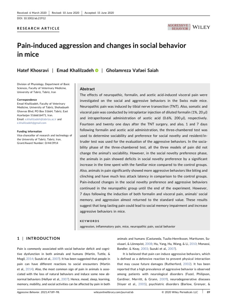 Khosravi - 2021 - Pain Induced Aggression and Changes in Social ...