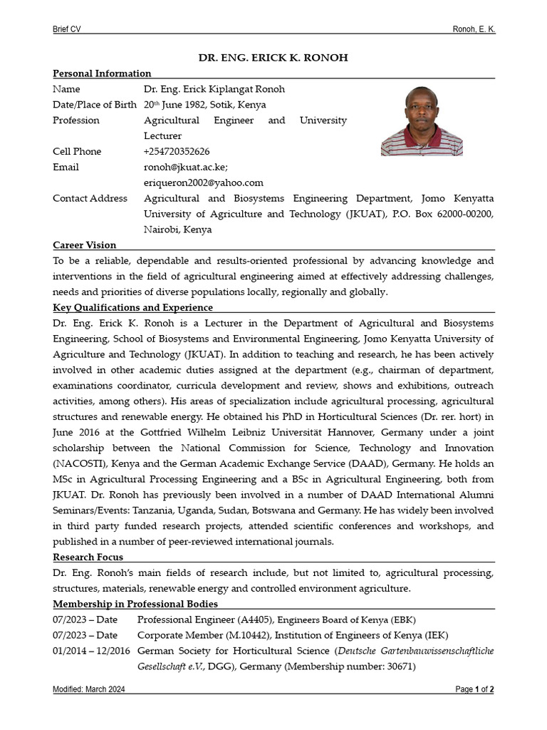 Brief-CV_Dr.-Eng.-Erick-K.-Ronoh_2024 | PDF | Kenya