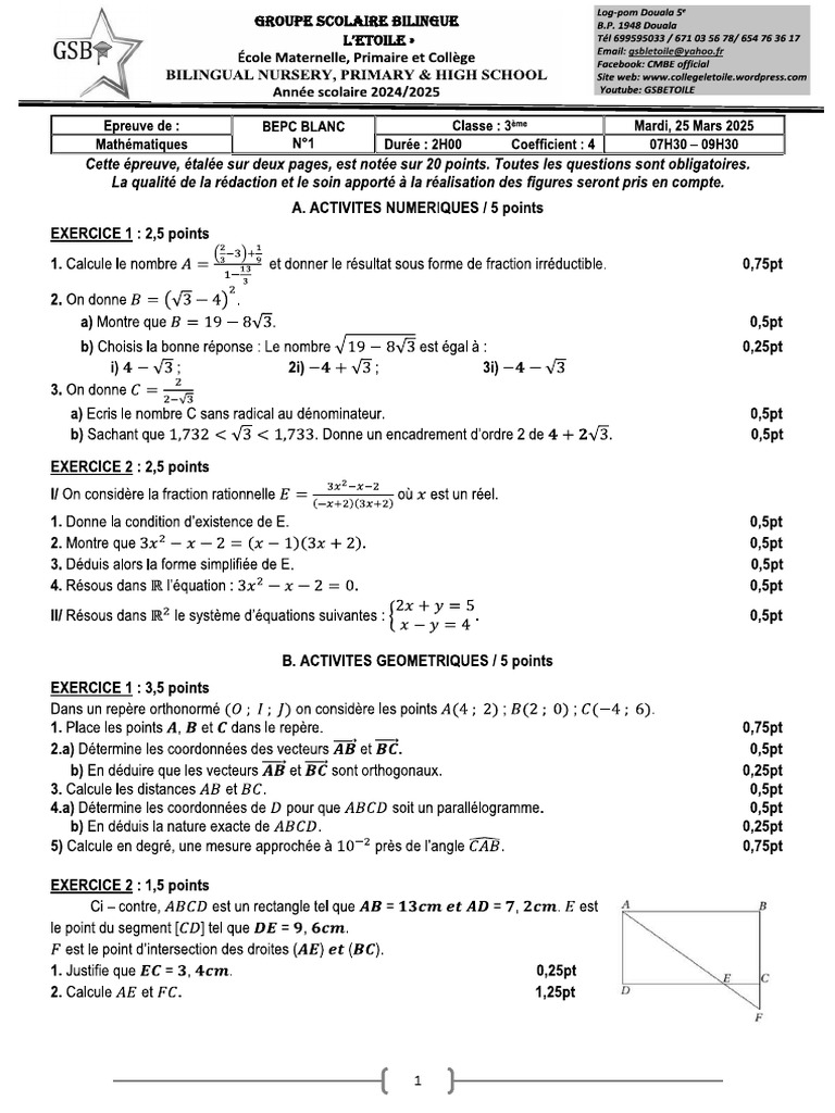 BEPC BLANC N°1 MATHS | PDF