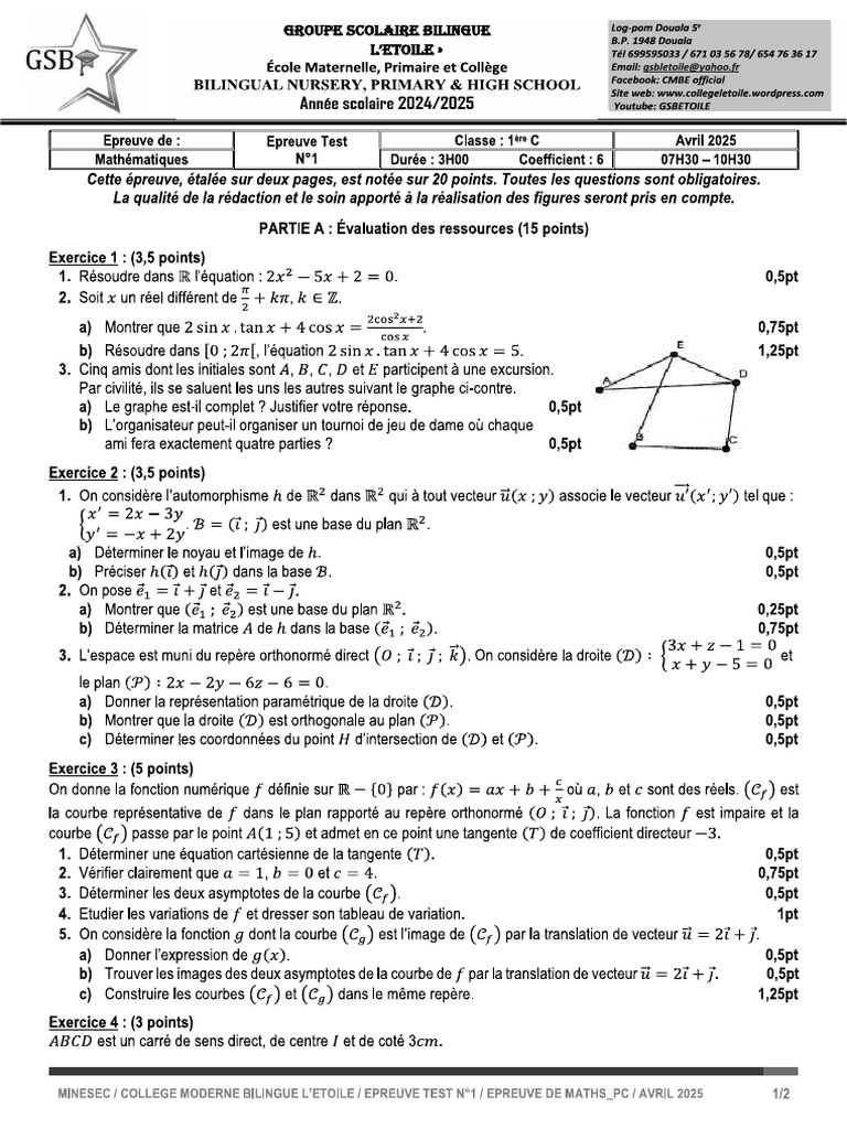 Epreuve Test N°1 Maths (PC) | PDF