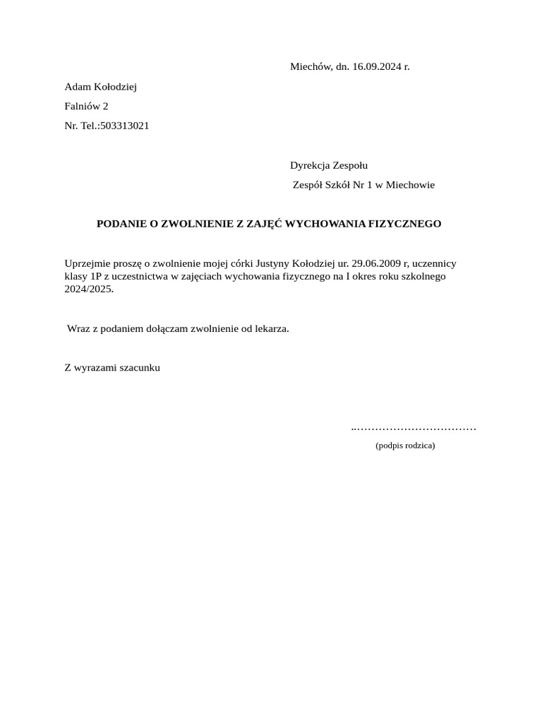 Podanie o Zwolnienie z WF | PDF