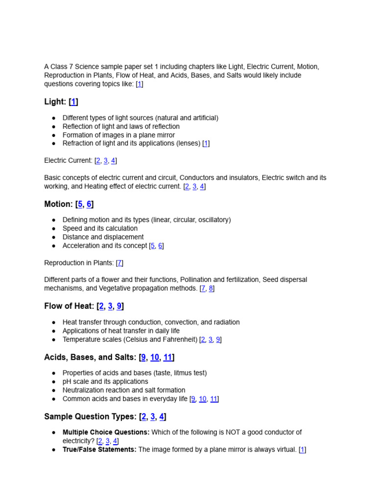 Class 7 Science Sample Paper Set 1 Added Chapters Light , Electric Current, Motion ...