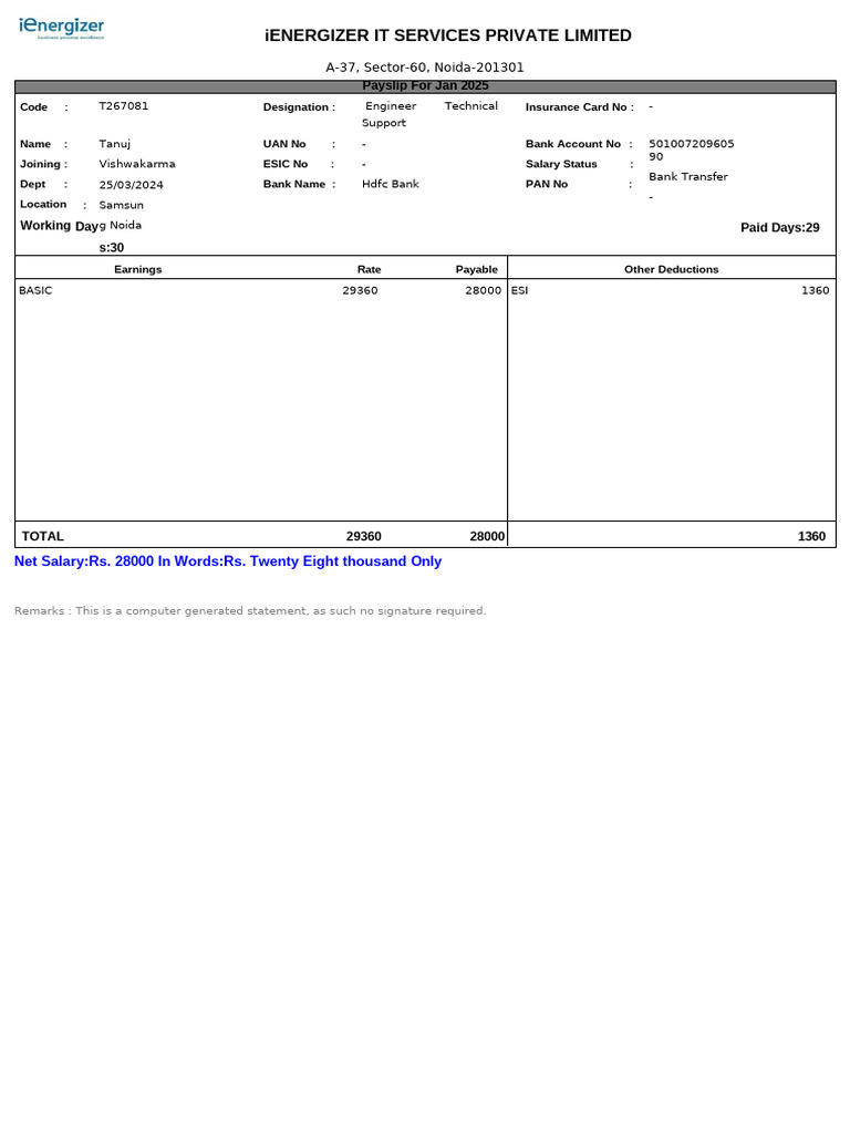 Salary Slip Jan | PDF