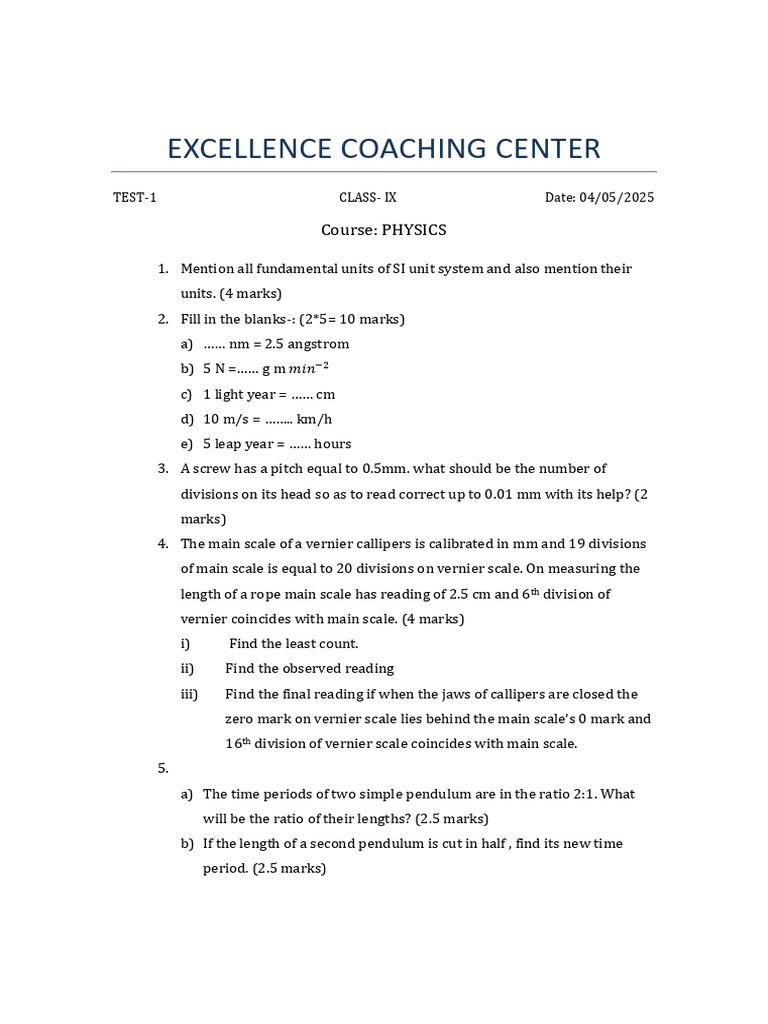 Physics Test Class 9 | PDF