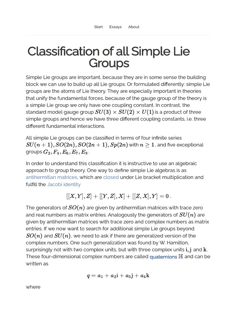 g7 Jakobschwichtenberg-Com-Classification-Of-Simple-Lie-Groups | PDF | Lie Groups | Algebra