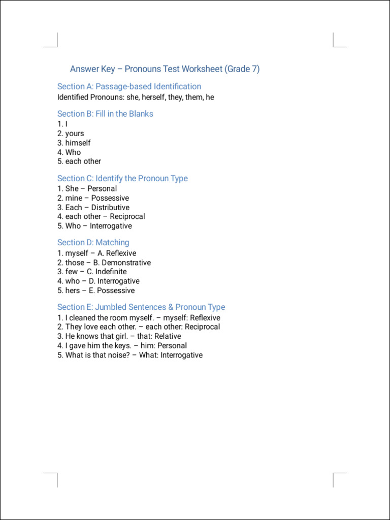 Answer Key Pronouns Test Grade7 | PDF