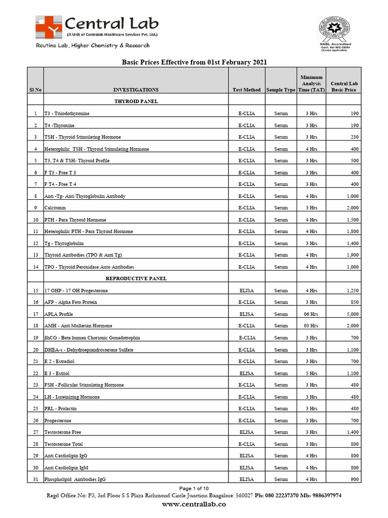 Central Lab Test Menu 01 Feb 2021 | PDF | Thyroid Stimulating Hormone ...