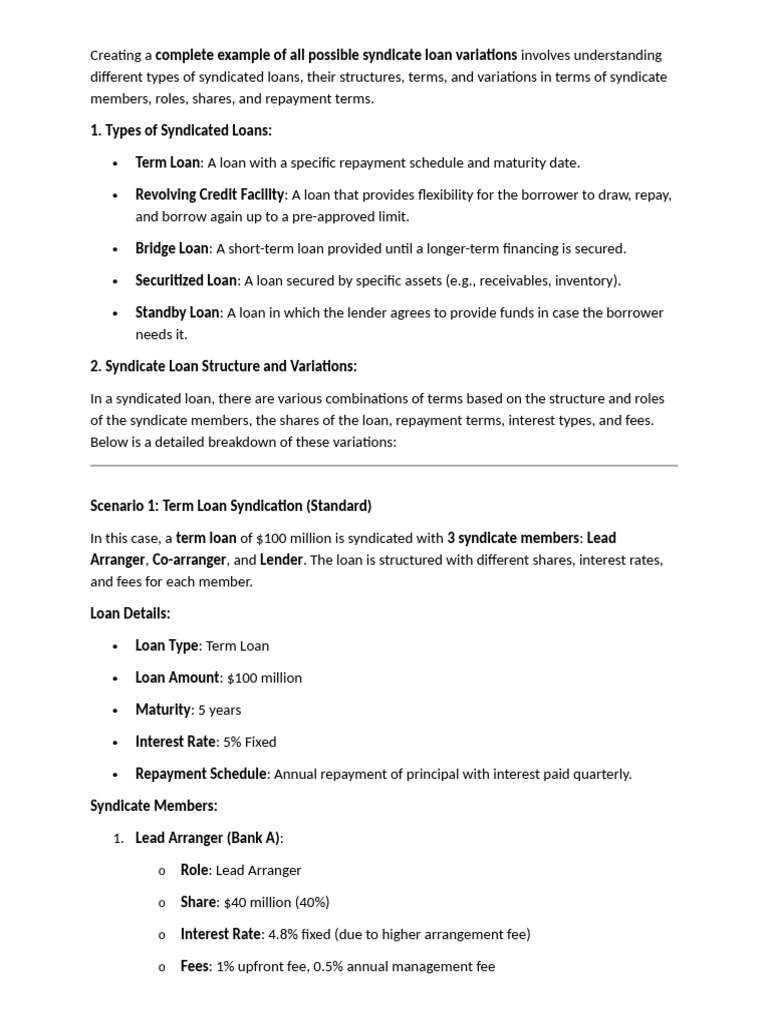 Creating A Complete Example of All Possible Syndicate Loan Variations ...