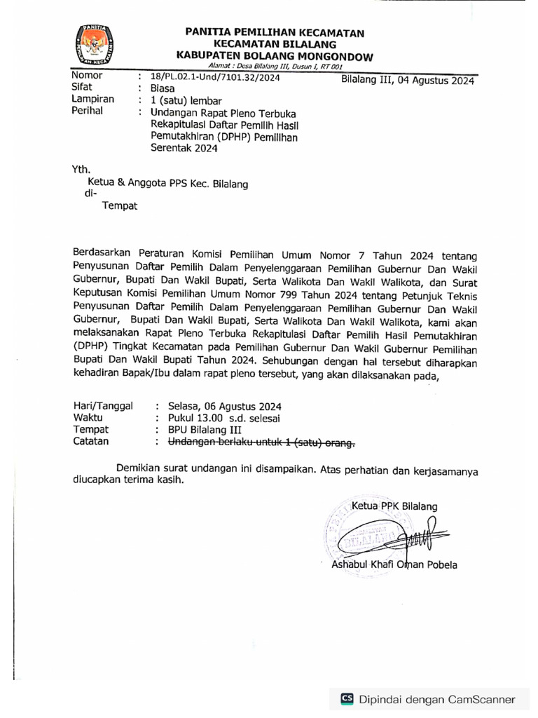 Undangan Pleno DPHP Kecamatan 6 Agustus | PDF