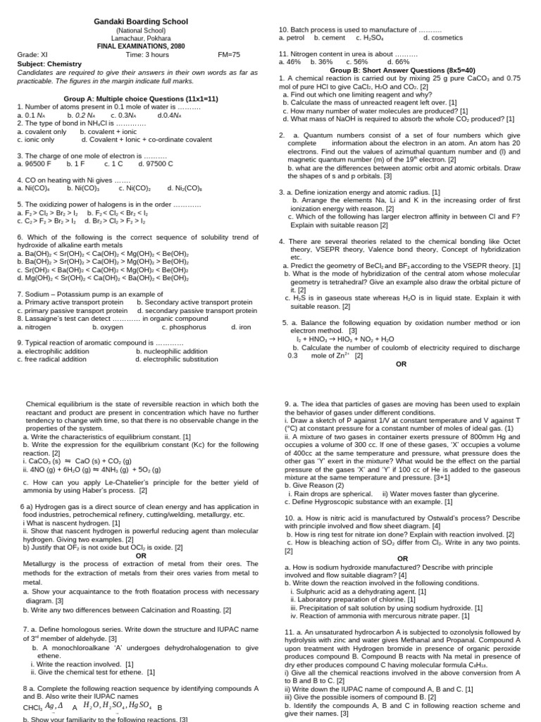 Class 11 Final Term Chemistry 2079 | PDF | Covalent Bond | Chemical Bond
