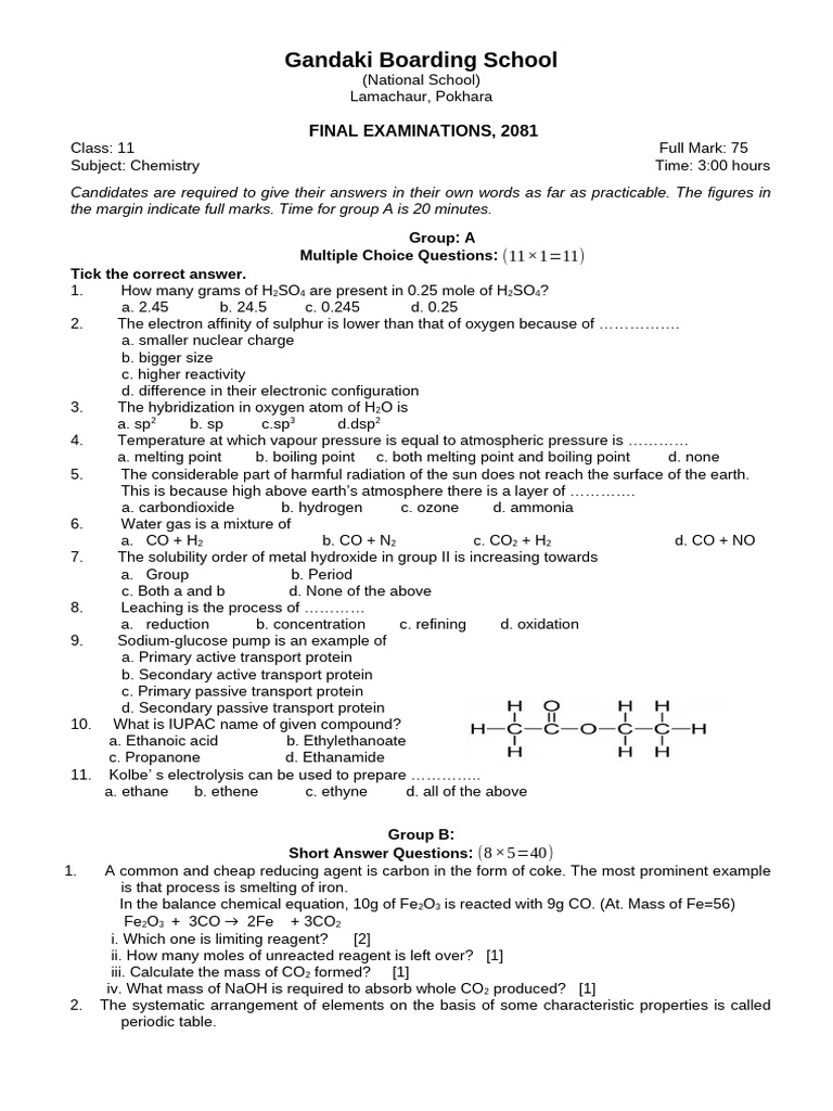 Class 11 Chemistry Final Exam 2081 | PDF | Chemical Reactions | Chlorine