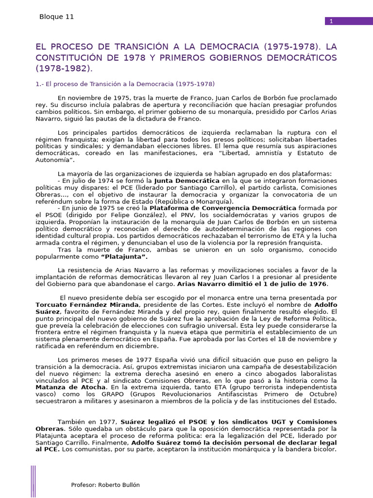 Proceso De Transición A La Democracia Actual Constitución De 1978 Y