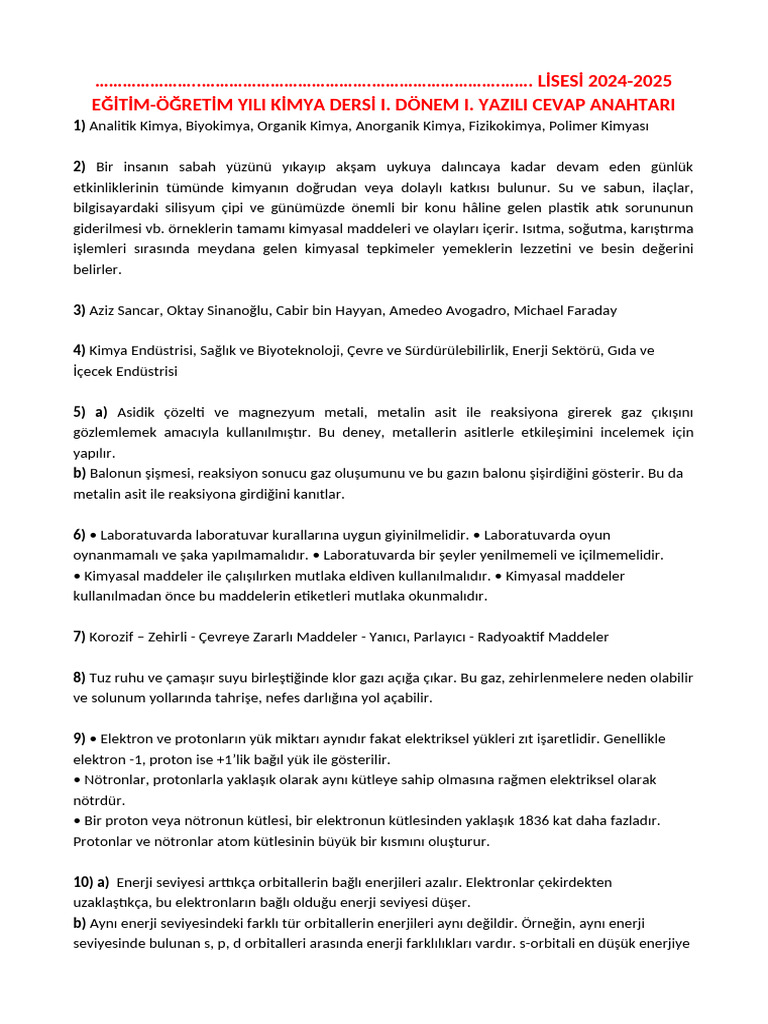 9 Sinif Kimya 1 Donem 1 Yazili Cevap Anahtari | PDF