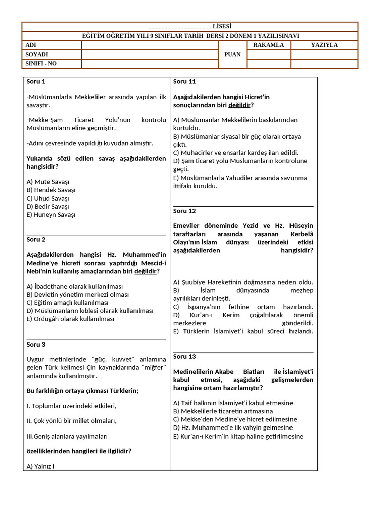 9.-Sinif-Tarih-2.-Donem-1.-Yazili-Sorulari-ve-Cevap-Anahtari-1 | PDF