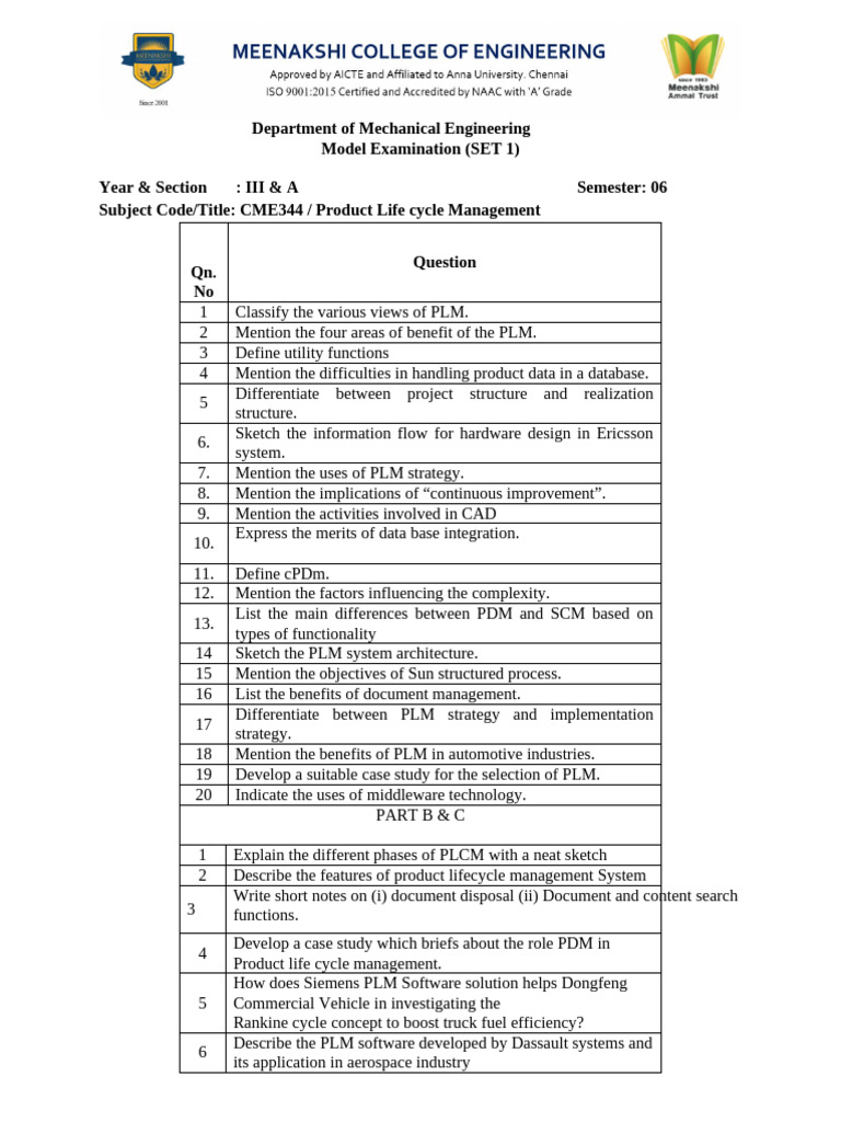 Model Examination Important Questions PLCM | PDF | Product Lifecycle ...