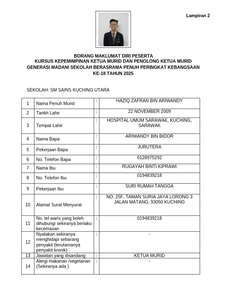 Lampiran Borang Haziq Zafran | PDF