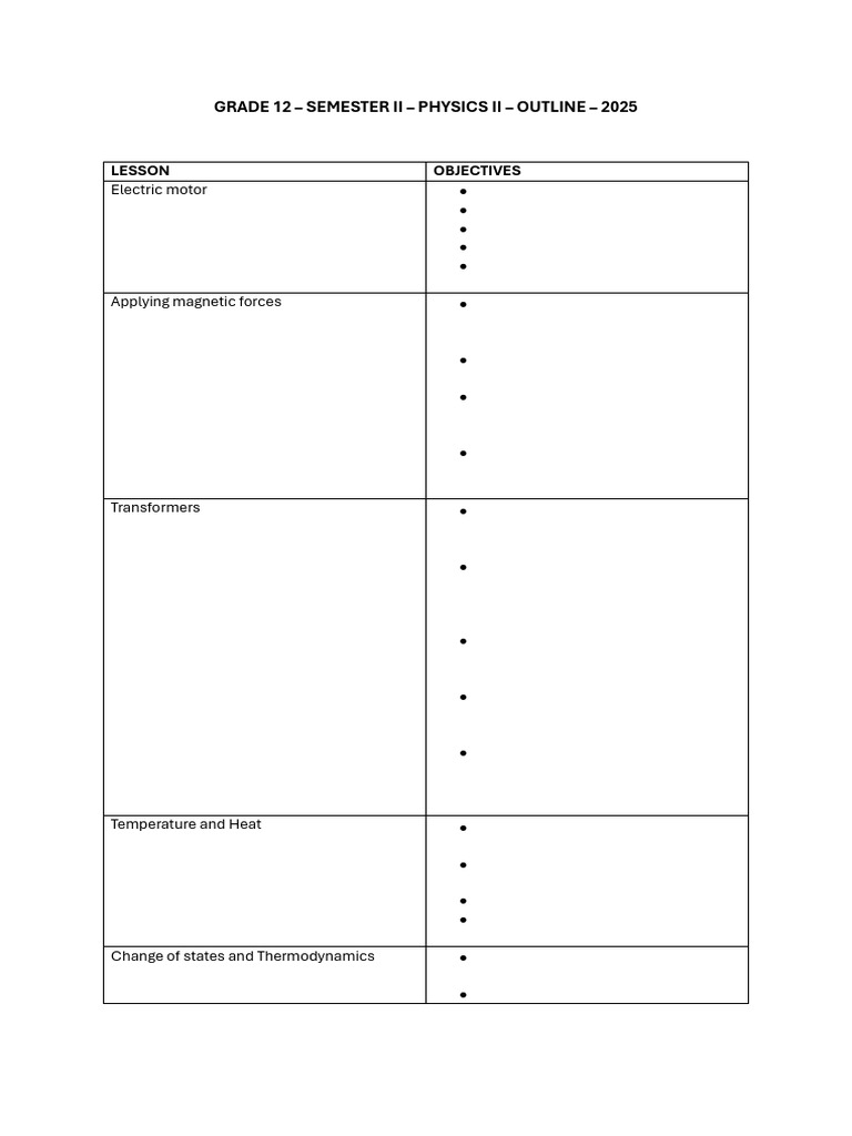 Grade 12 Physics II Outline 2025 | PDF | Heat | Transformer